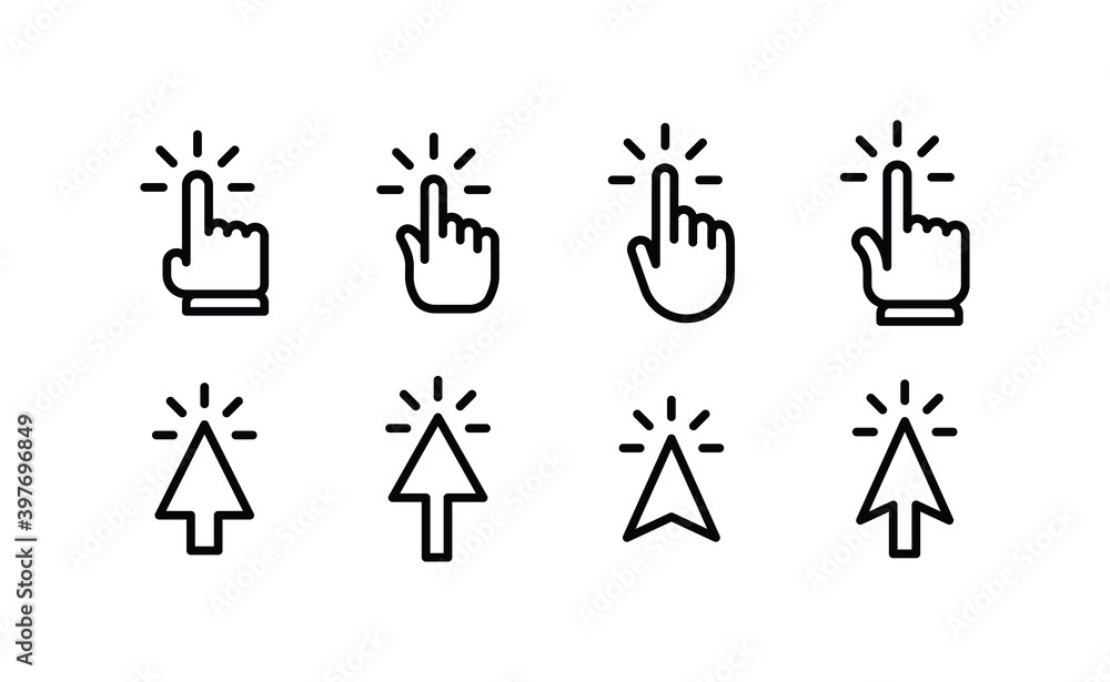 Clicking icons collections. Hand and arrow click icon. Cursor set ...