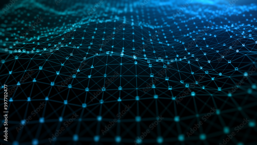 Blue digital particles wave and Digital data network connections for ...