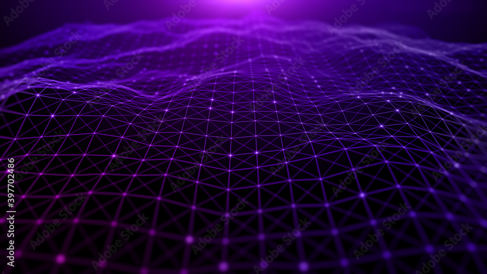 Digital cyberspace futuristic, Purple color particles wave flowing with ...