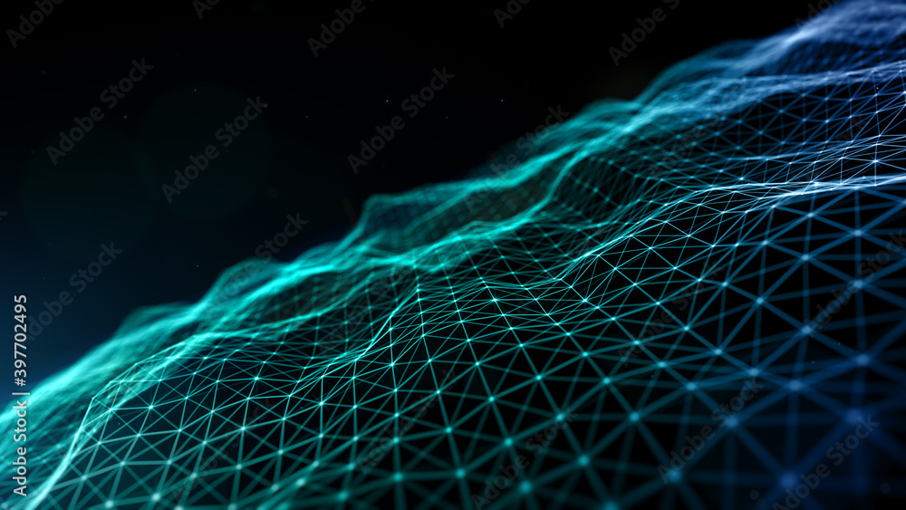 Digital cyberspace futuristic, Green and Blue color particles wave ...