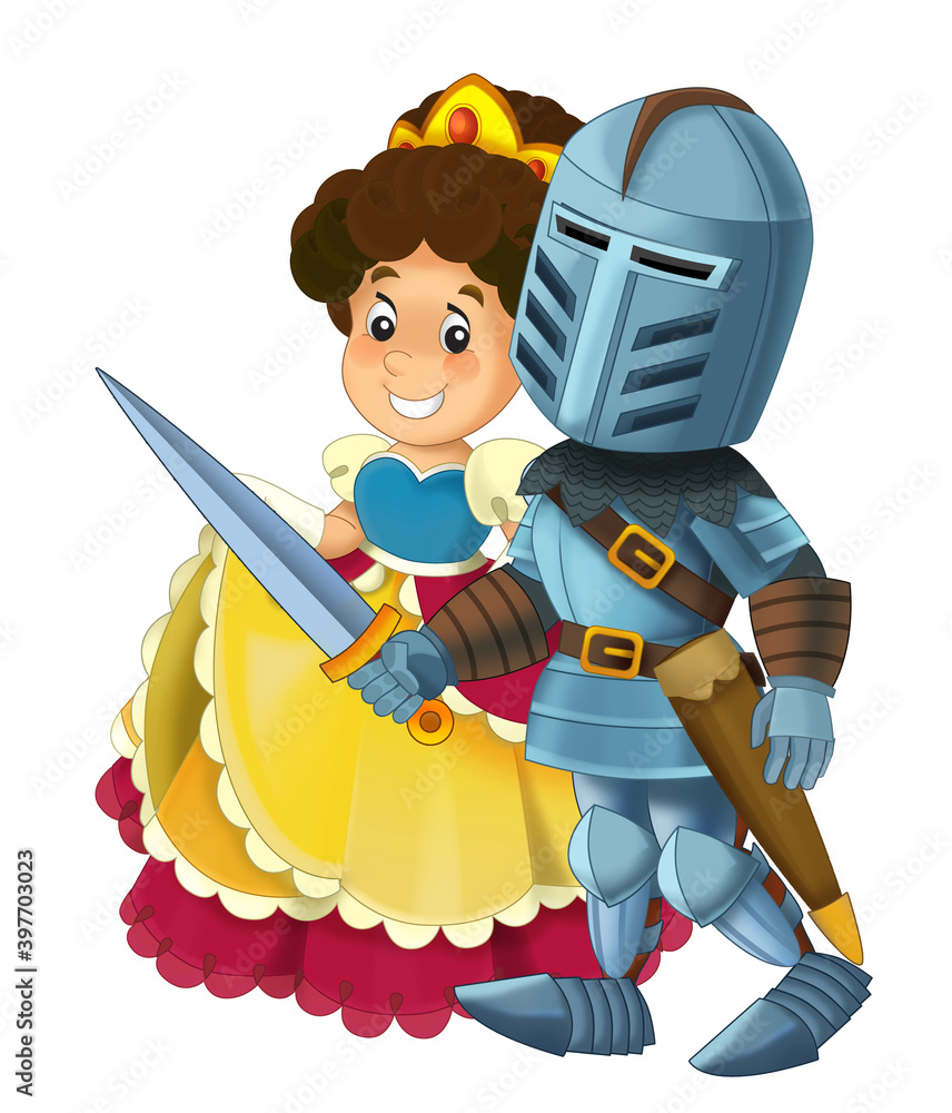 cartoon scene with knight prince and princess together on white ...