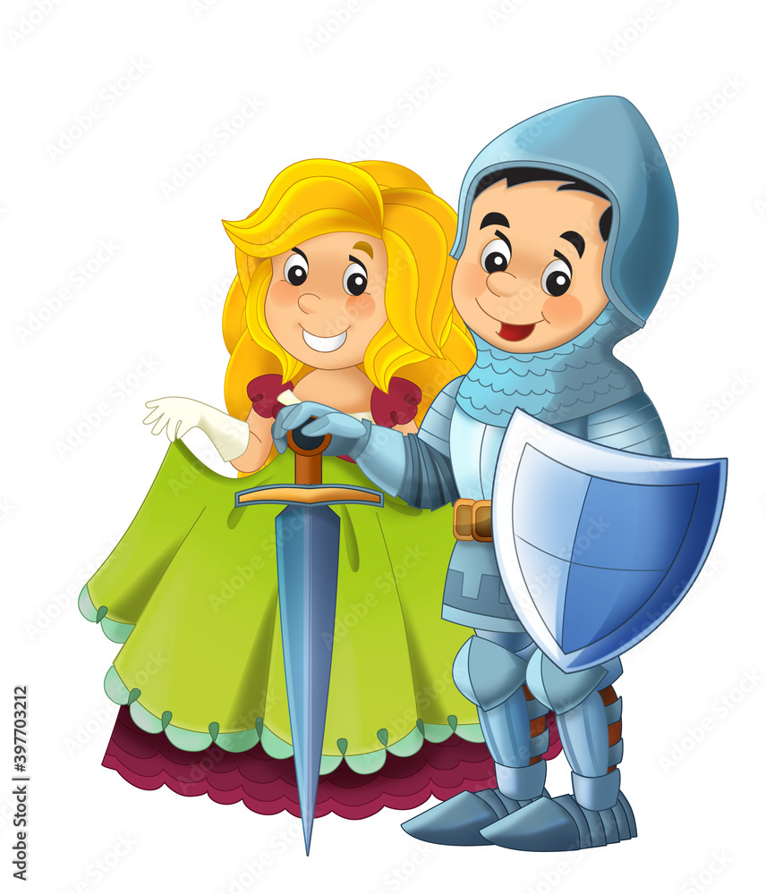 cartoon scene with knight prince and princess together on white ...