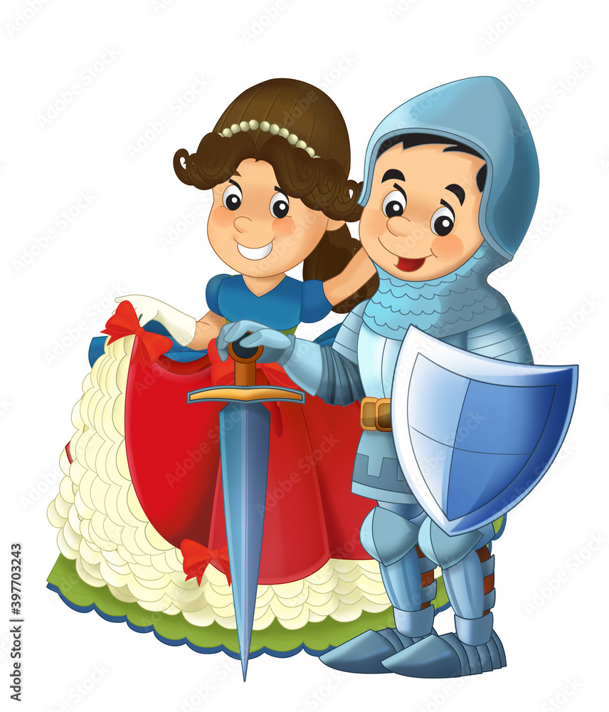 cartoon scene with knight prince and princess together on white ...