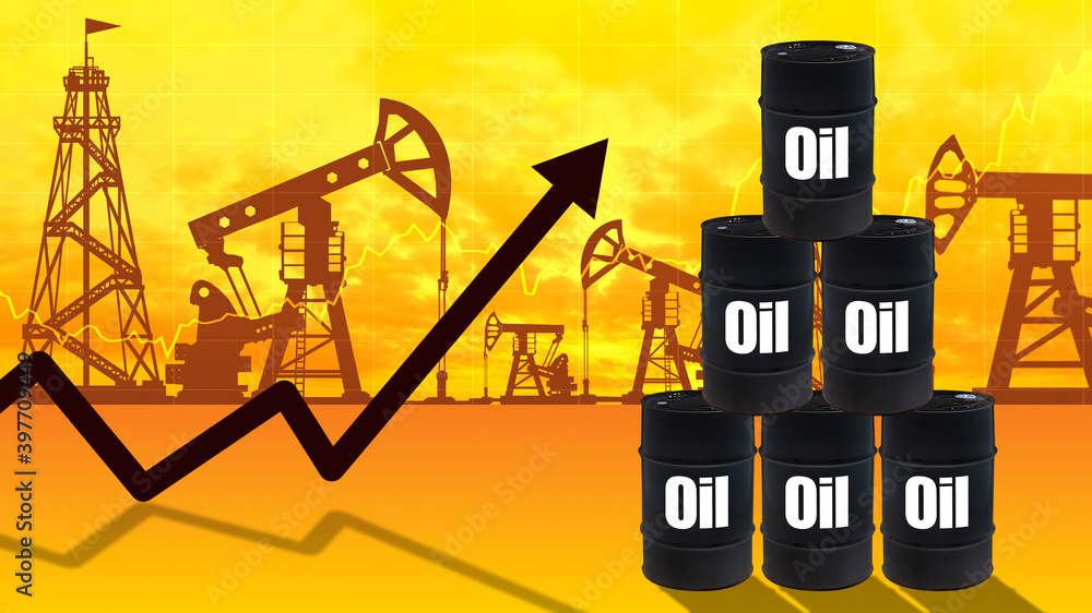Increase in crude petroleum prices. Growing chart next to barrels ...