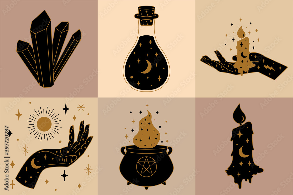 Collection of Witchcraft Icons and Symbols with Cauldron, Candle, Hand ...
