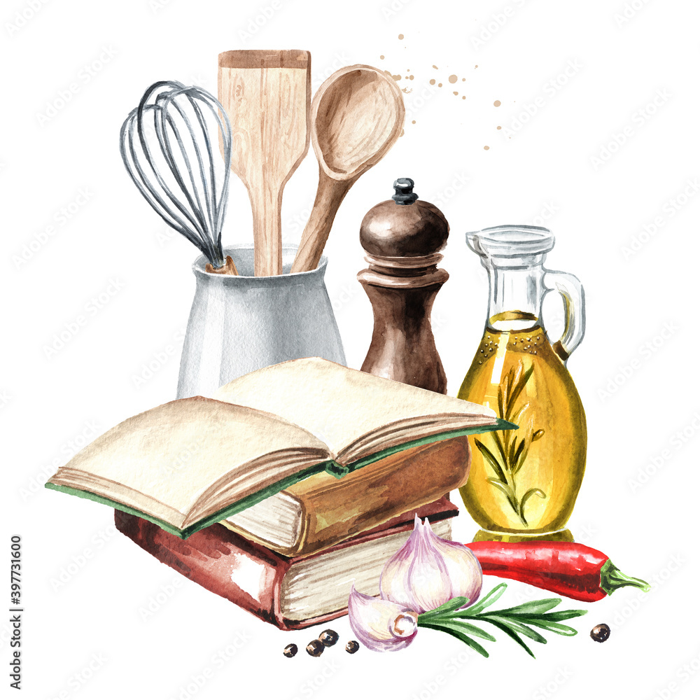 Kitchen concept with coocking books, spices and herbs. Hand drawn ...