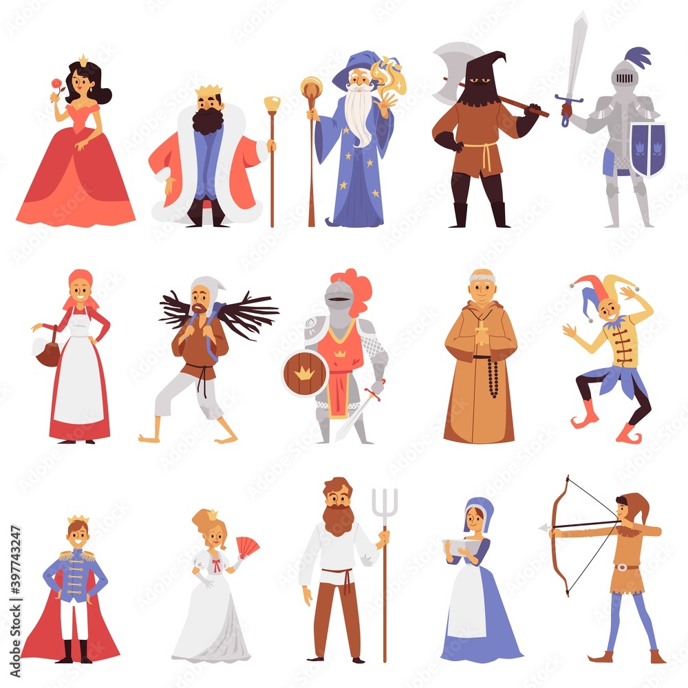 Set of noble and citizens of medieval town, flat vector illustration ...