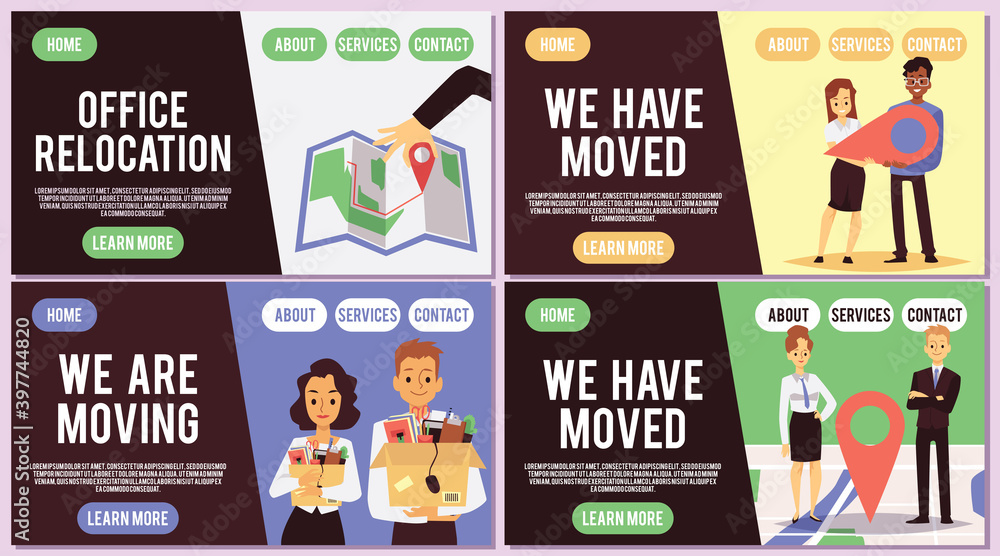 Set of web pages with announcement of office move flat vector ...