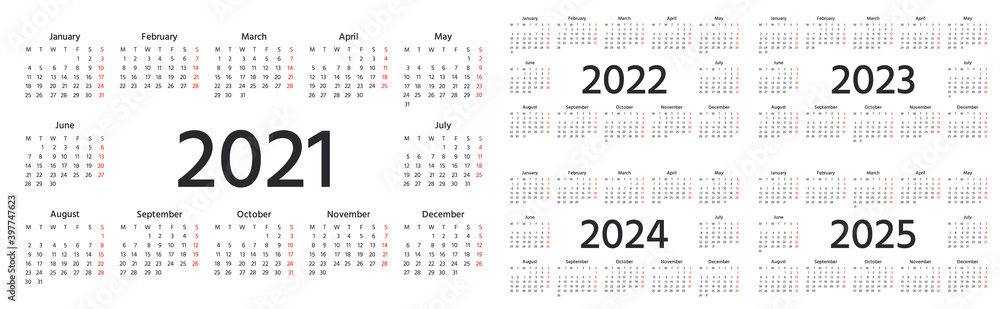 Calendar 2021, 2022, 2023, 2024, 2025 years. Vector. Week starts Monday ...