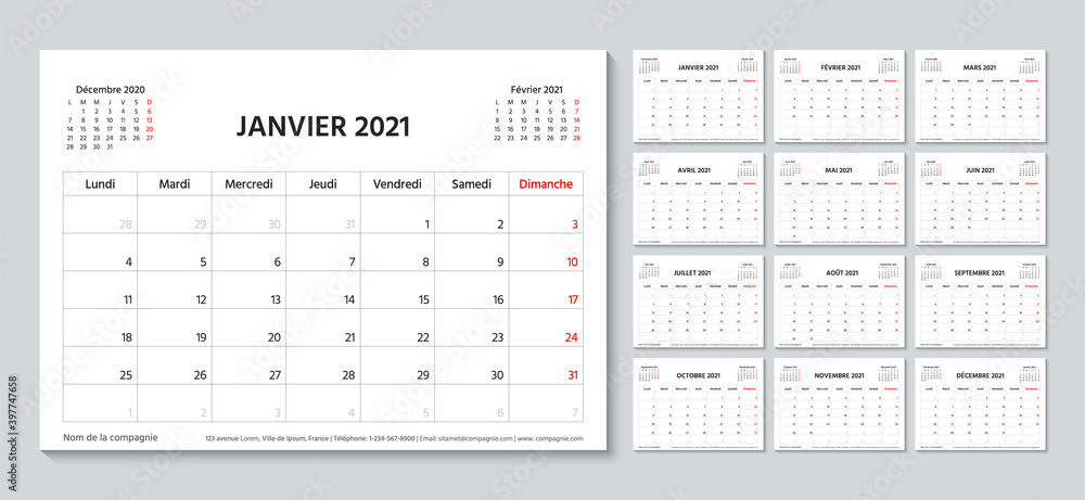2021 planner in french. Calendar template. Week starts Monday. Vector ...