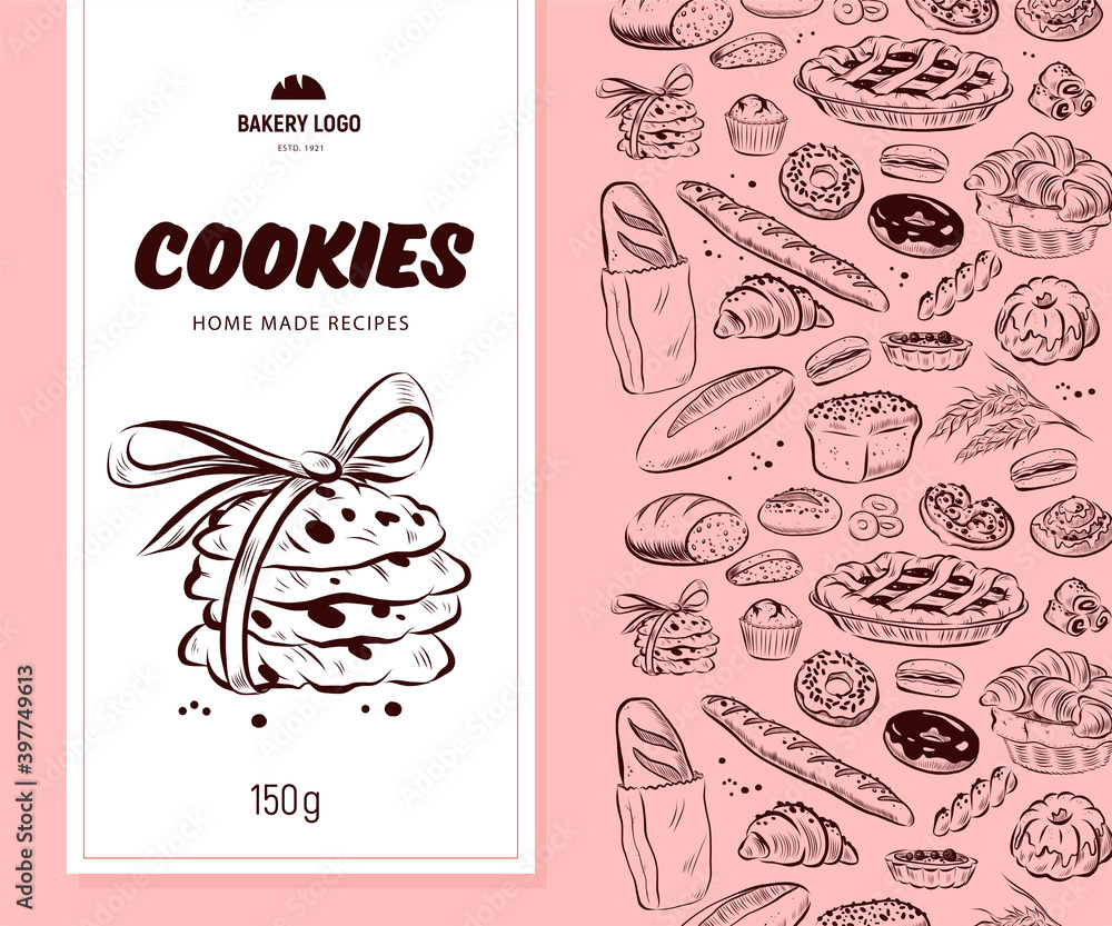 Vector packaging design with bakery goods pattern and cookies label ...