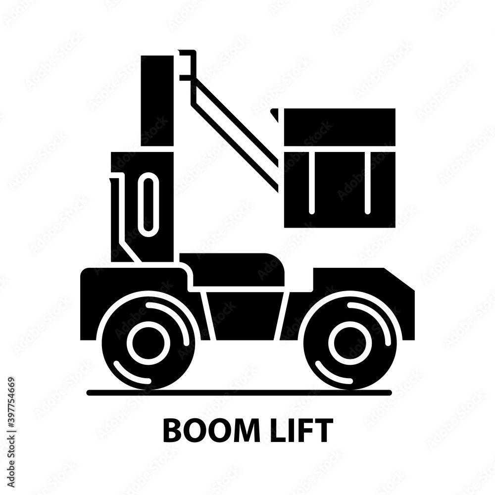 boom lift icon, black vector sign with editable strokes, concept ...