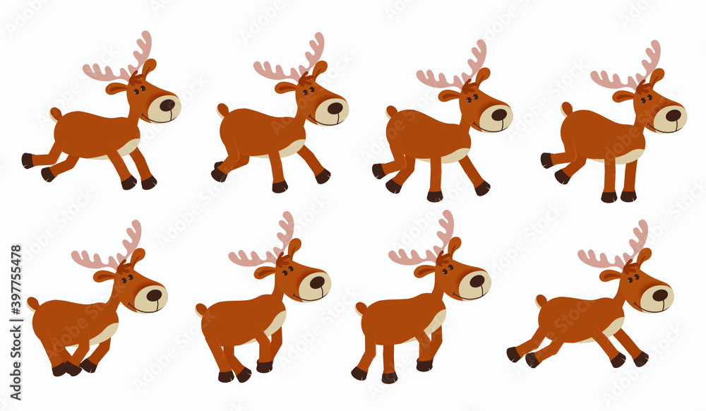 Cute cartoon deer. New Year Christmas character jumps or runs gallop ...