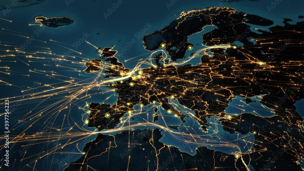 European map with bright connections. Aerial, maritime, ground routes ...