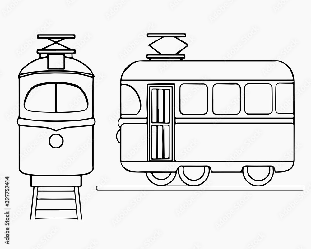 Vecteur Stock Tram on rails front and side view. Vector line drawing ...