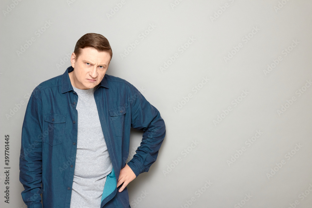 Portrait of disgruntled man holding hands on hips, with frowning face ...
