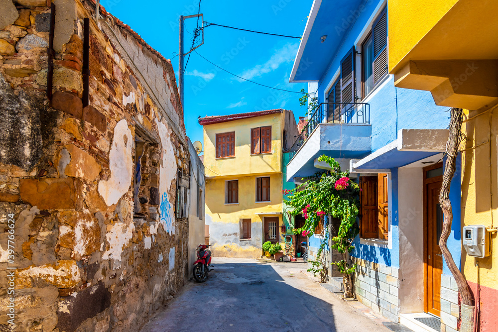 Colorful Houses view interior of Chios Town Castle in Chios Island of ...