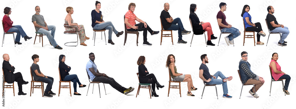 Group of people sitting on chair on white background Stock Photo ...