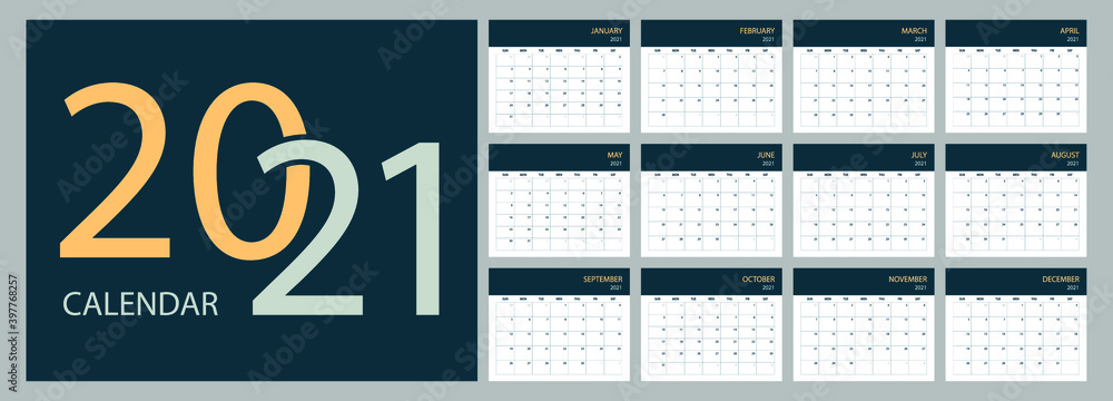 2021 calendar week start sunday corporate design planner template, desk ...