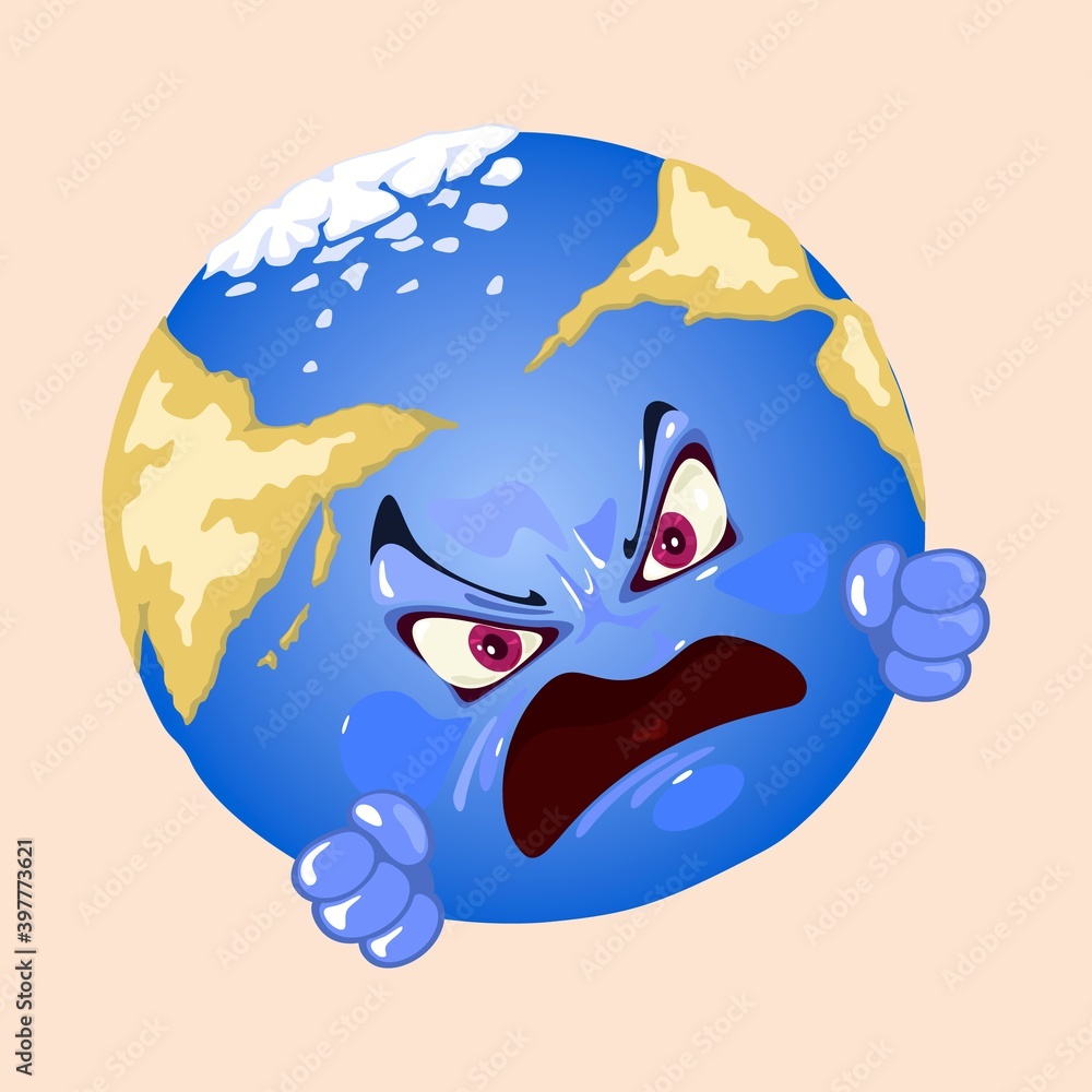 Mad planet with eyes, mouth, eyebrows and fist. Vector earth tired from ...