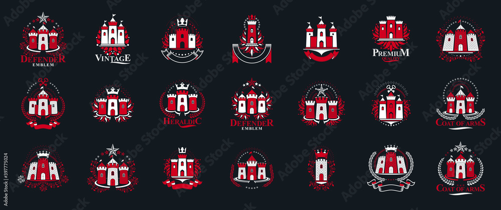 Castles logos big vector set, vintage heraldic fortresses emblems ...