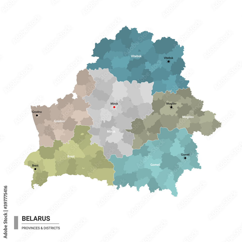 Belarus higt detailed map with subdivisions. Administrative map of ...