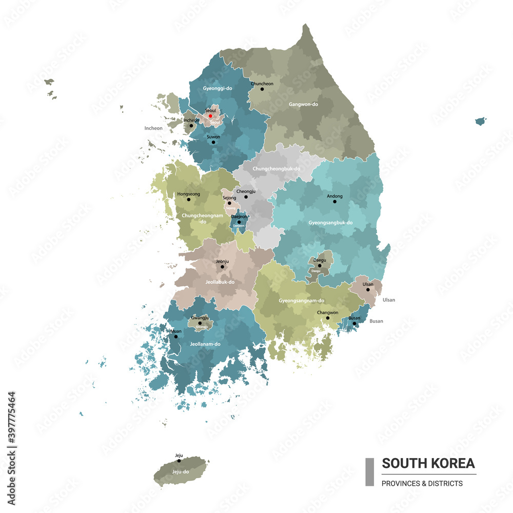 South Korea higt detailed map with subdivisions. Administrative map of ...