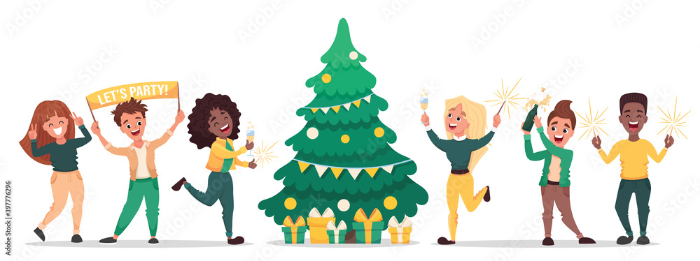 People celebrating New Year or Christmas party. Cartoon character ...