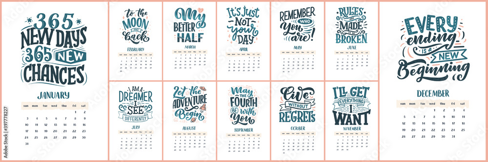 Modern typography lettering compositions for 2021 year calendar with ...