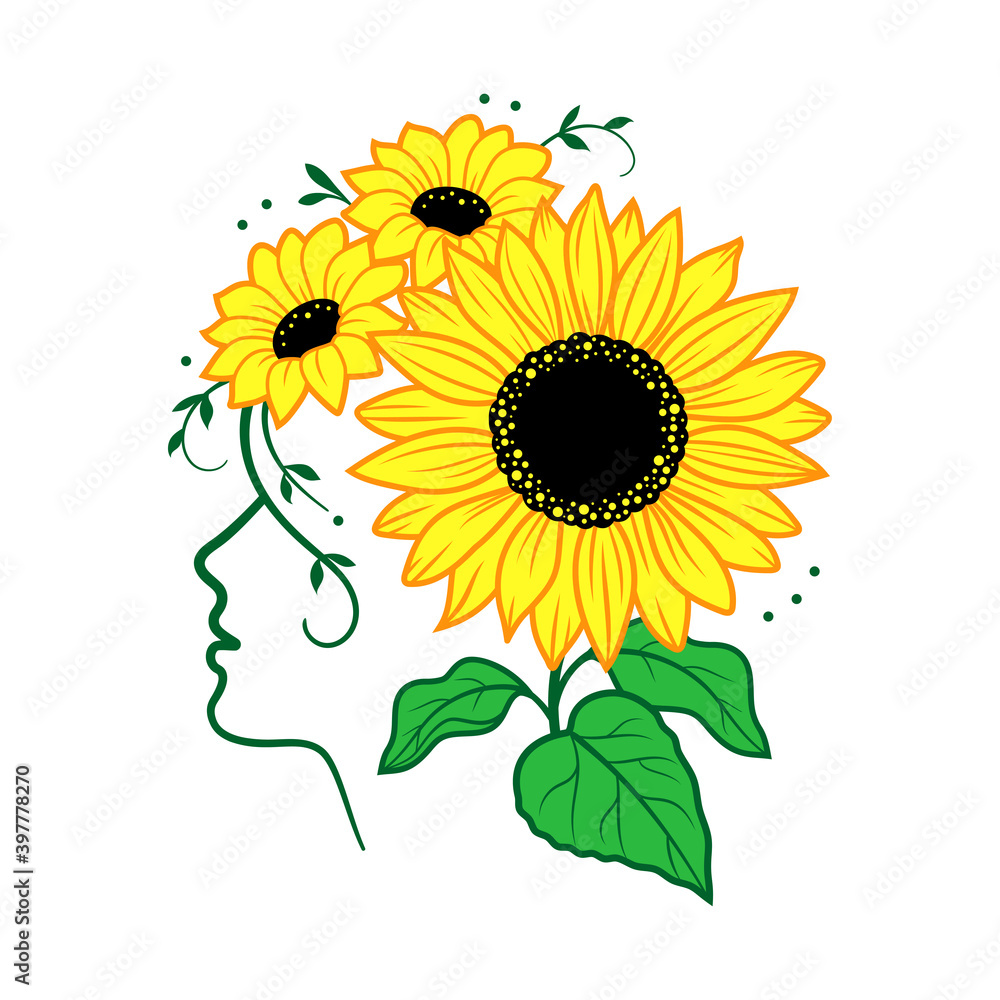 Sunflower vector, Woman face silhouette and sunflowers. Colorful print ...