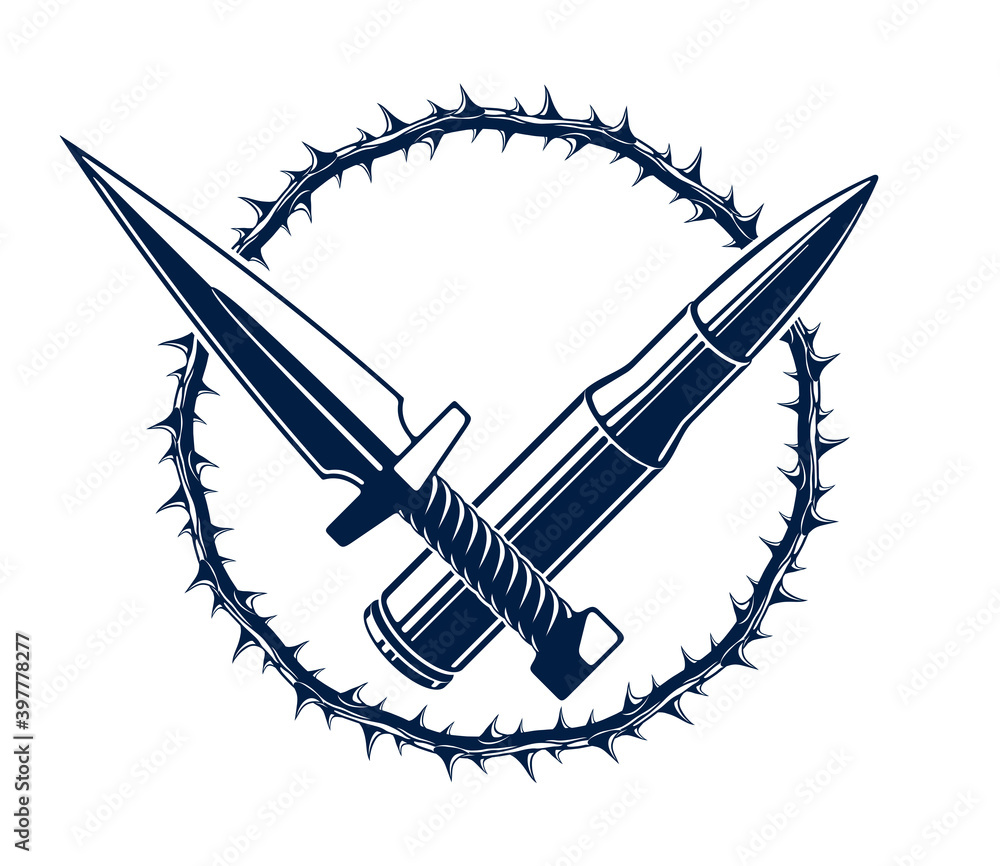 Vektorová grafika „Bullet cartridge and dagger knife crossed vector ...