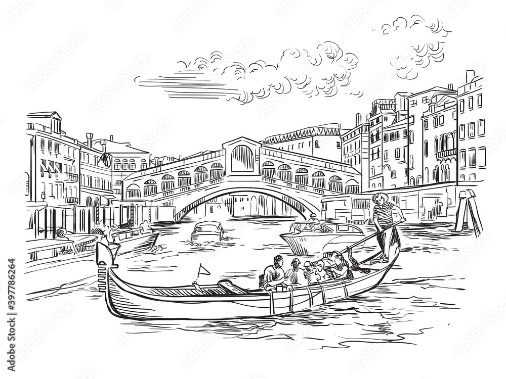 Venice skyline hand drawing vector illustration Rialto Bridge Stock ...