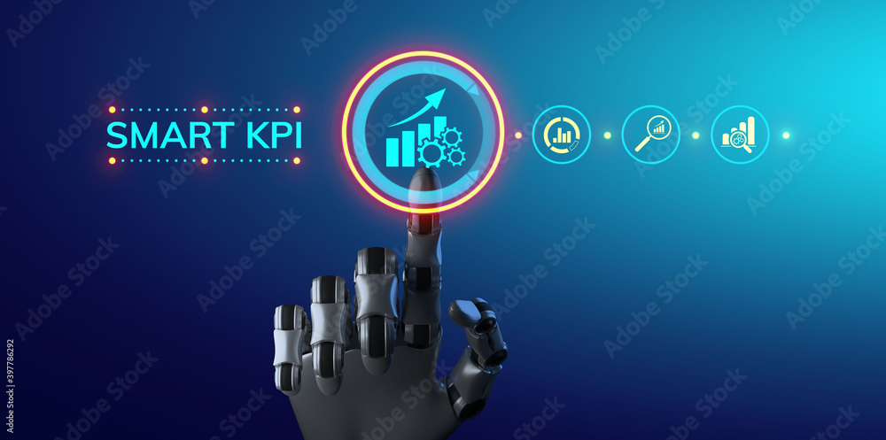 Smart KPI Key performance indicator business productivity. Robotic arm ...