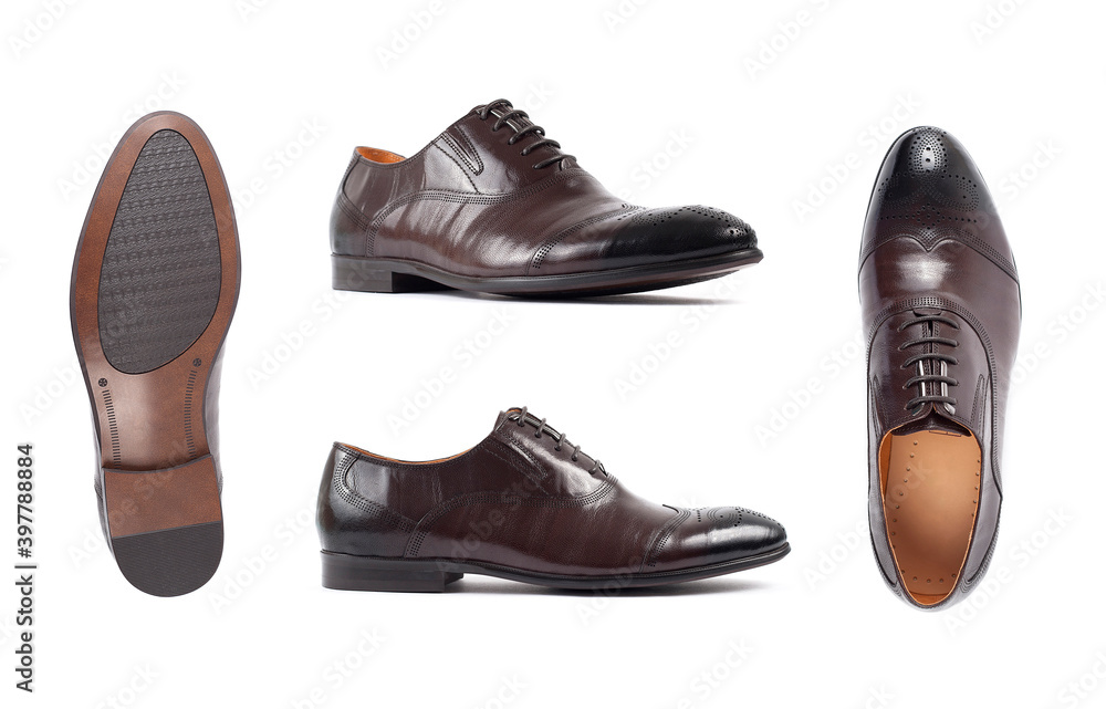 Men's brown shoes, shoe isolated white background. Side view, top view ...