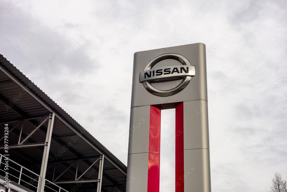The advertisement banner of Nissan car dealership in Ostrava with a ...