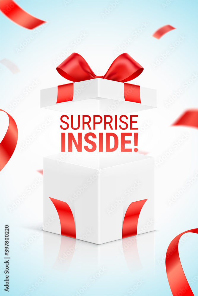 Vetor de Opened white gift box, with Surprise Inside message. Exploded ...