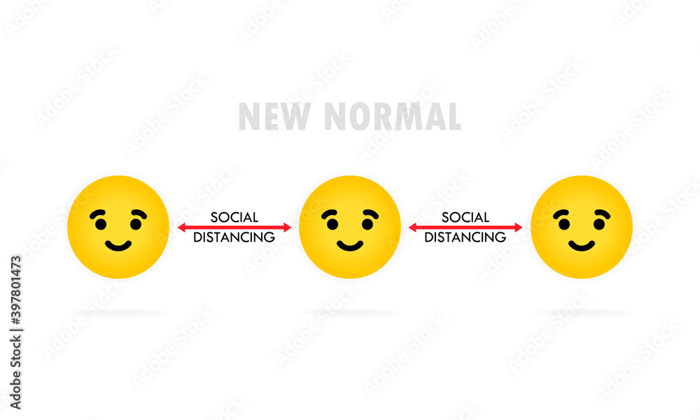 Social distancing emoji. New normal. Smiling faces icons with arrow and ...