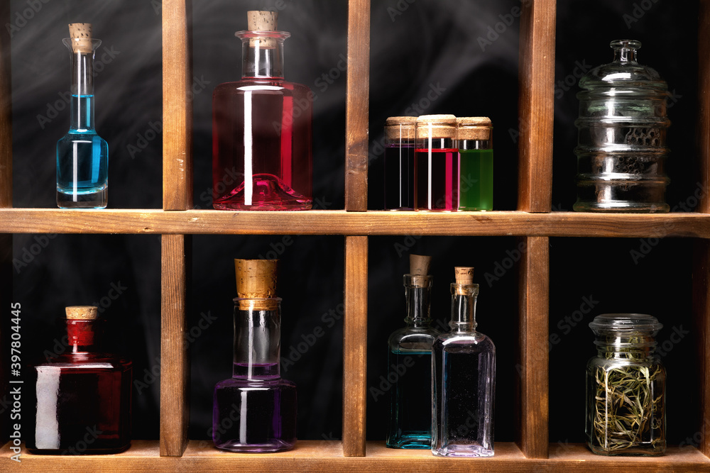 Poster Witch shelves with potion bottles. Magic and wizardry concept ...