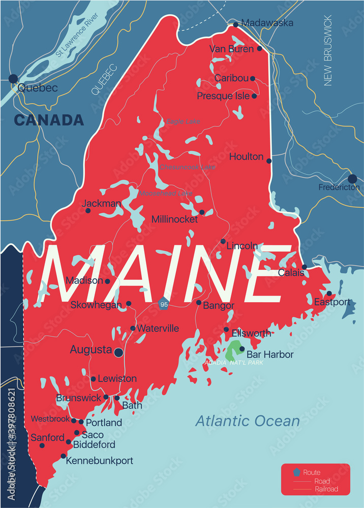 Maine state detailed editable map with cities and towns, geographic ...