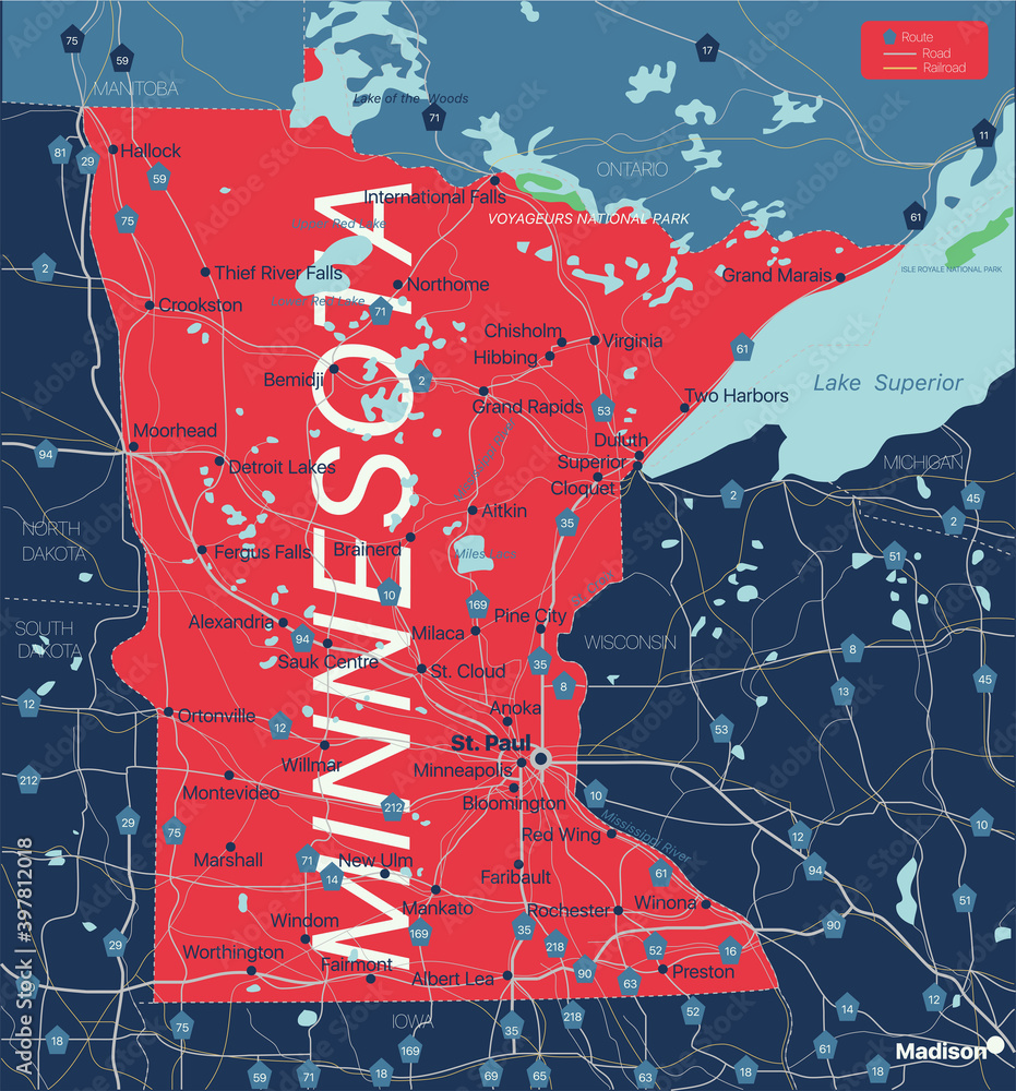 Minnesota state detailed editable map with cities and towns, geographic ...