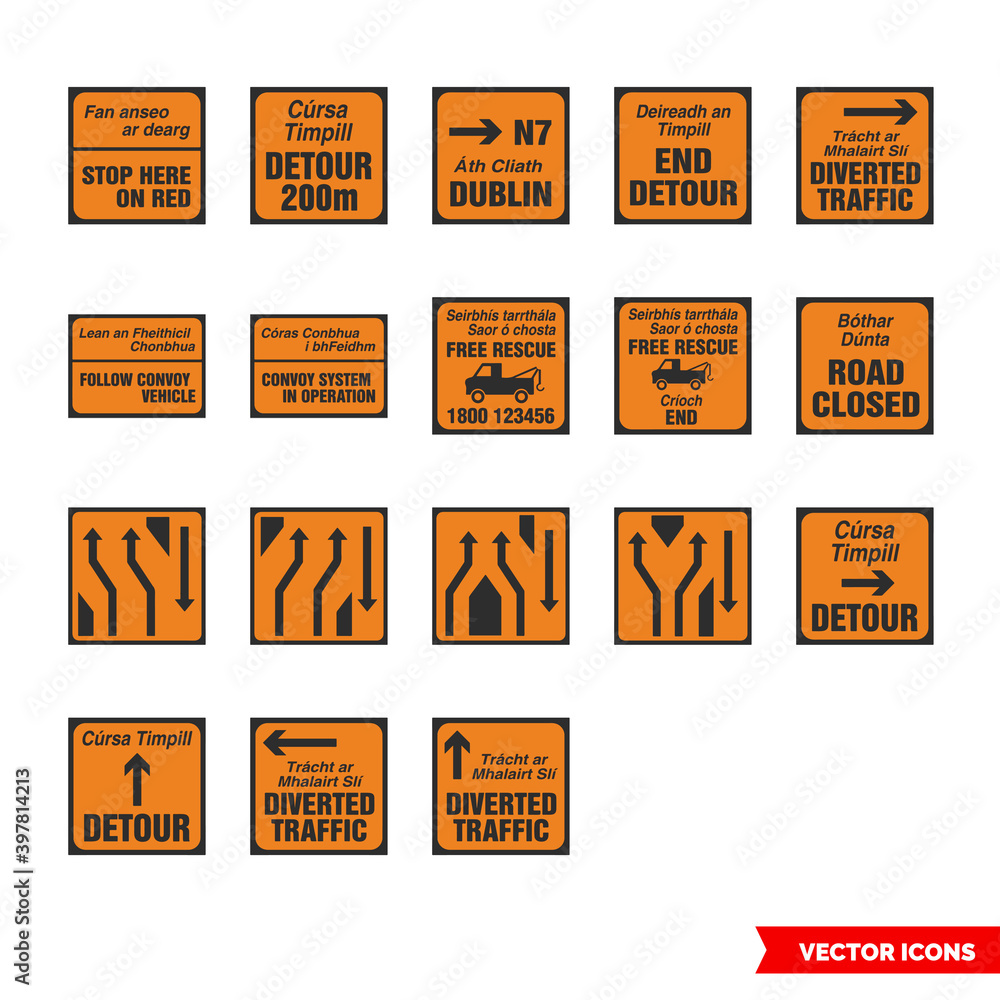 Roadworks signs icon set of color types. Isolated vector sign symbols ...