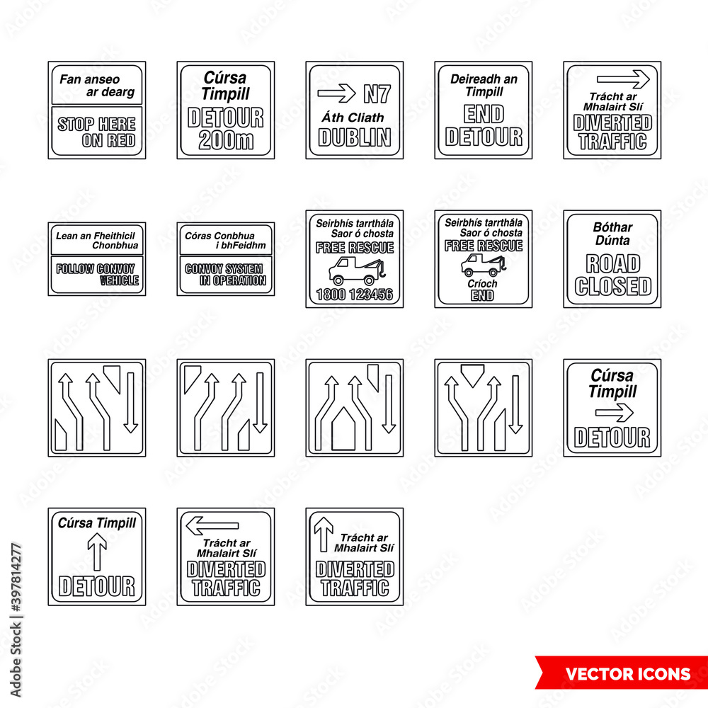 Roadworks signs icon set of outline types. Isolated vector sign symbols ...