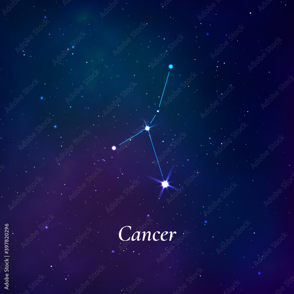 Cancer sign. Stars map of zodiac constellation on dark blue background ...