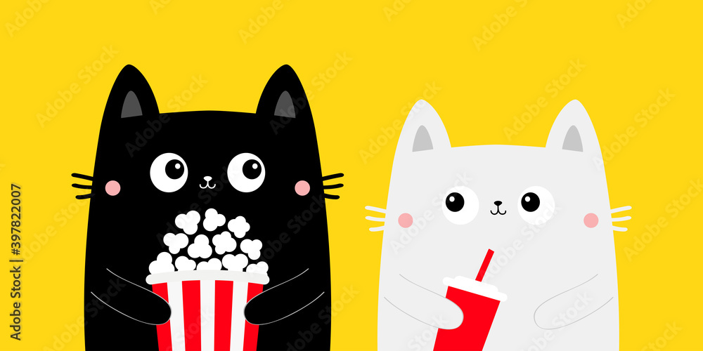 Cat set. Popcorn, fsoda glass. Cute cartoon funny character. Black ...