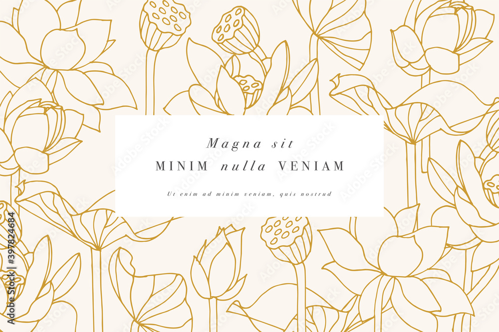 Vintage card with lotus flowers. Floral wreath. Flower frame for ...