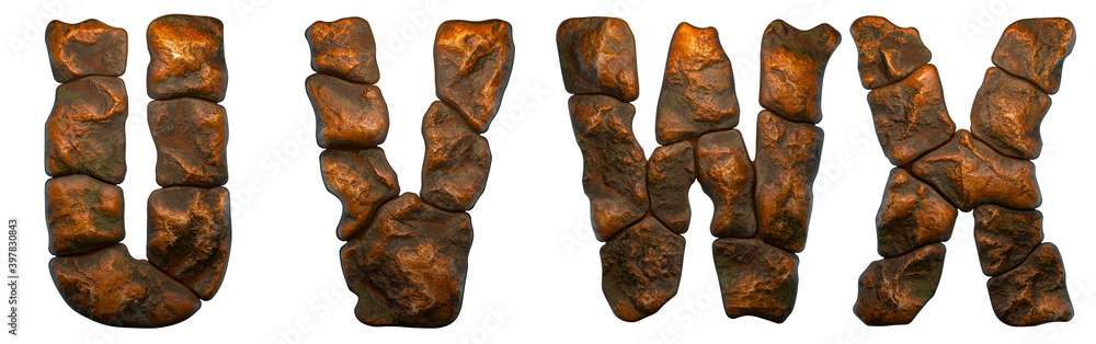 Set of rocky letters U, V, W, X. Font of stone on white background. 3d ...