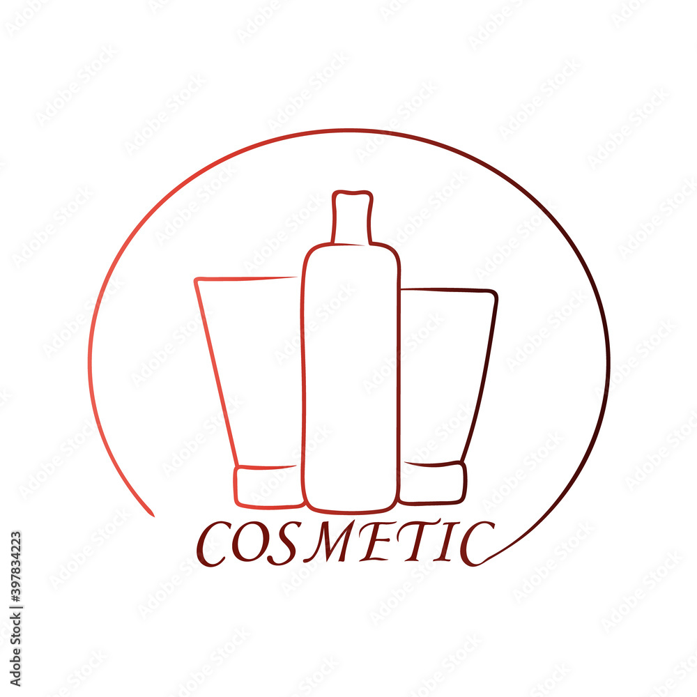 Logo cosmetic company red. Silhouette of a tube and a bottle of ...
