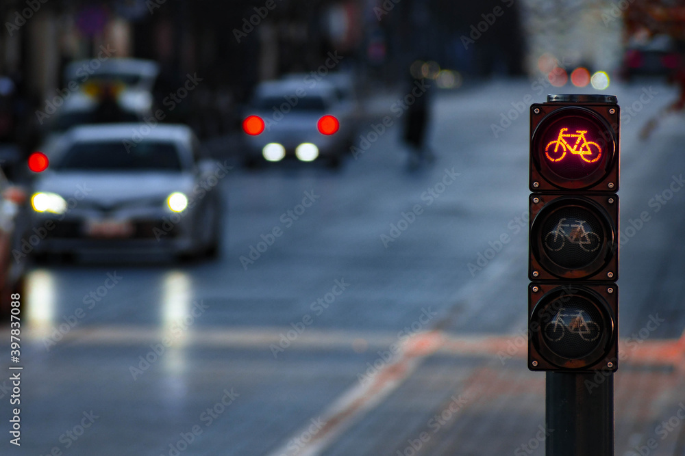 Sustainable transport. Bicycle traffic signal, red light, stop sign ...
