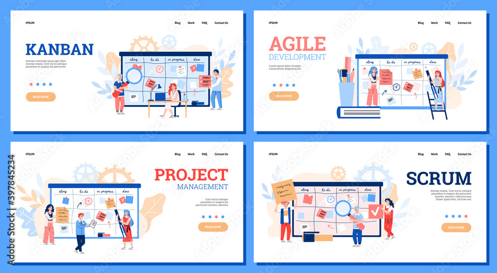 Set of website banners for scrum, agile and kanban method technology of ...