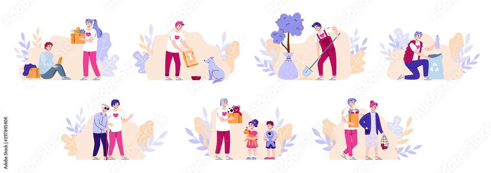 Concept of volunteering. Set of scenes with volunteers doing charity ...